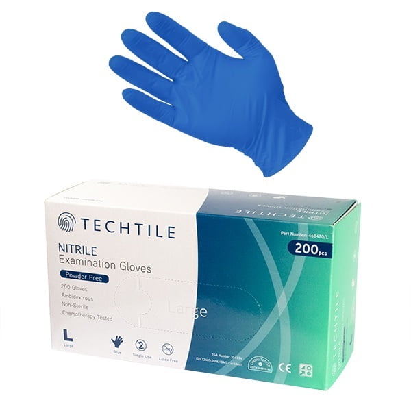 Techtile Nitrile Examination Gloves Powder Free Blue Pack of 200 - Hytex Healthcare