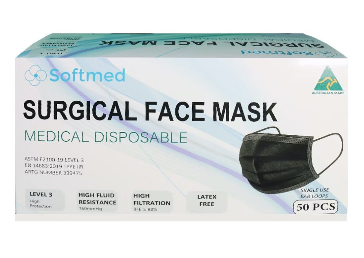 Softmed Level 3 Surgical Masks Black With Ear Loops Pack of 50 | Hytex ...
