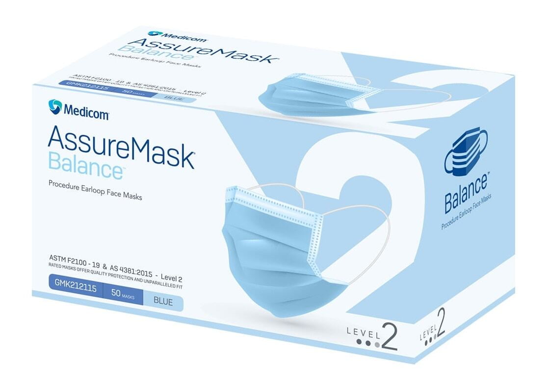 Medicom Assure Face Masks with Earloops Level 2 Blue Pack of 50 | Hytex ...